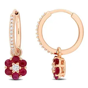 JULIANNA B. 10k Gold Gemstone And Diamond Floral Drop Huggie Earrings - Ruby/rose Gold