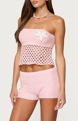 EDIKTED Tahna Flower Crochet Strapless Top