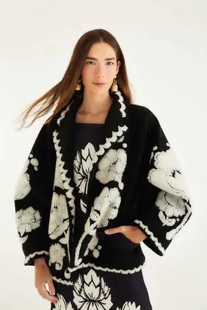 FARM RIO PROVISÓRIO Floral Arabesque Fleece Coat - Floral Arabesque Cream