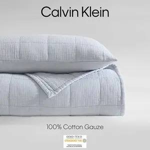 Calvin Klein Cotton Gauze Solid 3 Piece Quilt Set, Queen - Dawn Blue