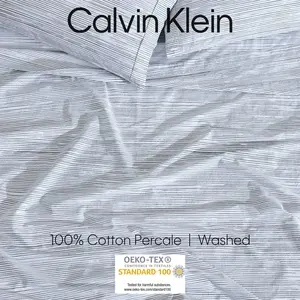 Calvin Klein Washed Percale Wavy Stripe 4 Piece Sheet Set, Queen - Blue Graphite