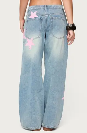 EDIKTED Star Embellished Wide Leg Jeans - Light-blue