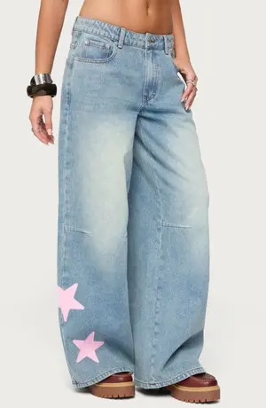 EDIKTED Star Embellished Wide Leg Jeans - Light-blue