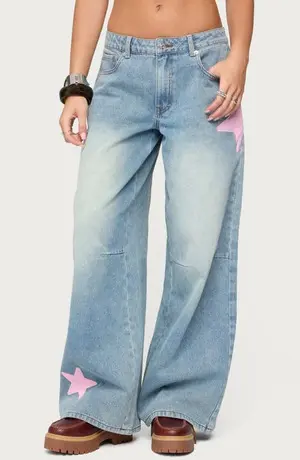 EDIKTED Star Embellished Wide Leg Jeans Light-blue