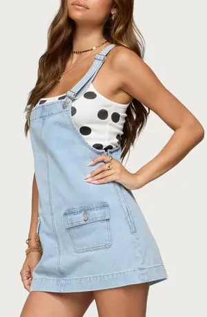 EDIKTED Denim Overall Mini Dress - Light-blue
