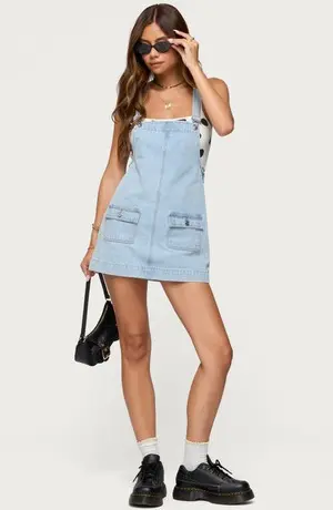 EDIKTED Denim Overall Mini Dress - Light-blue