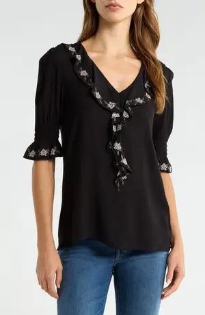 Bobeau Embroidered Ruffle Top