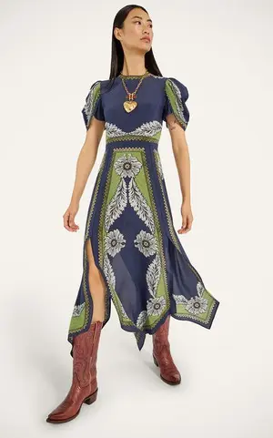 La DoubleJ CHERIE SCARF PLACÉE SILK DRESS Bounty Placée Navy