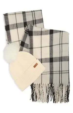 Barbour Dover Tartan Scarf & Faux Fur Pompom Beanie Set - Monochrome Tartan