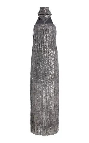 Bevza Sunbeams Fringed Sequined Maxi Dress - Grey