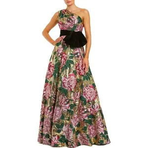 Mac Duggal One-shoulder Floral Sequin Gown With Velvet Bow - Gold Multi