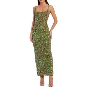 Mac Duggal Sleeveless Hand-beaded Floral Gown - Olive