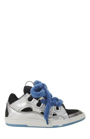 LANVIN Curb Metallic Leather Sneakers With Mesh Laces Silver