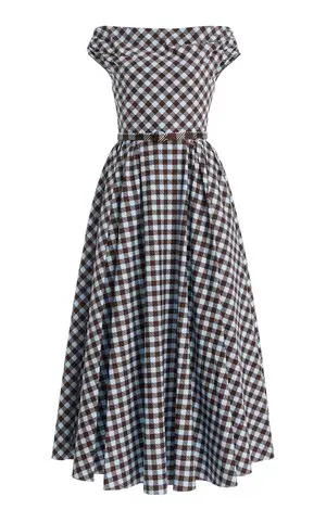 OSCAR DE LA RENTA Belted Off-the-Shoulder Gingham Poplin Midi Dress