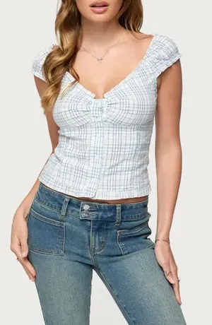 EDIKTED Plaid Cotton Blend Top