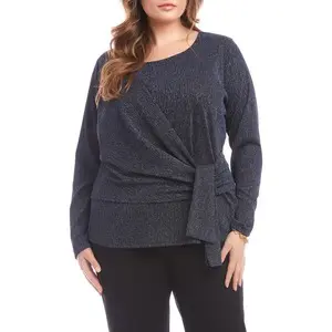 Karen Kane Metallic Knit Side Drape Top - Navy