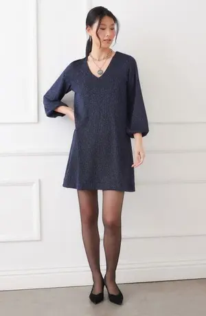Karen Kane Metallic Long Sleeve Mini Dress - Navy