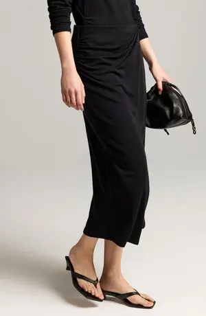 Vince Ruched Wool Blend Knit Midi Skirt - Black