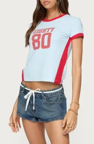 EDIKTED Polka Dot Trim Crop T-shirt - Light-blue