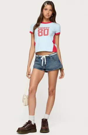 EDIKTED Polka Dot Trim Crop T-shirt - Light-blue