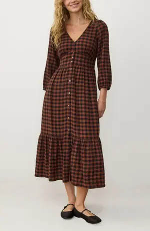 Marine Layer Plaid Long Sleeve Maxi Dress - Espresso Gingham