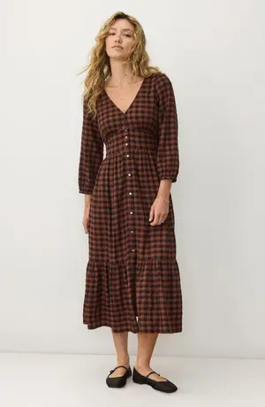 Marine Layer Plaid Long Sleeve Maxi Dress - Espresso Gingham