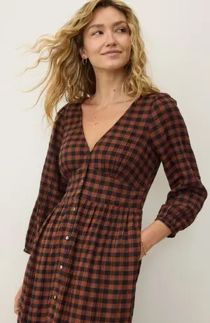 Marine Layer Plaid Long Sleeve Maxi Dress - Espresso Gingham