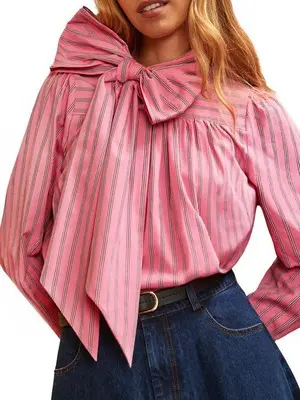 RO&ZO Striped Long Sleeve Blouse With Bow Detail