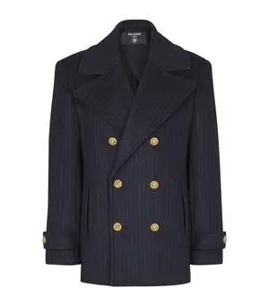 Balmain Merino Wool-blend Striped Pea Coat