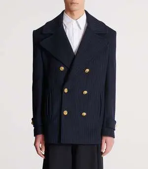 Balmain Merino Wool-blend Striped Pea Coat