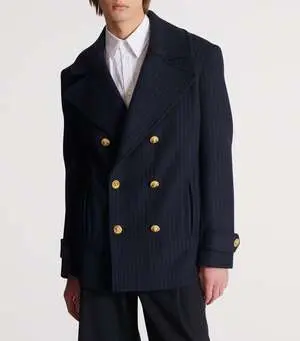 Balmain Merino Wool-blend Striped Pea Coat