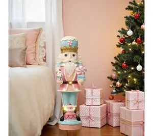 LUXEN HOME Luxenhome 3ft Lighted Pink Nutcracker With Cake, Xmas Decor - One-color