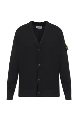 Stone Island Wool Cardigan With Logo Patch - Black