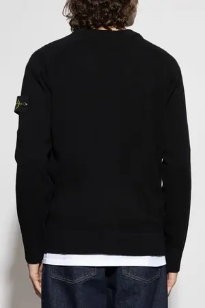 Stone Island Wool Cardigan With Logo Patch - Black