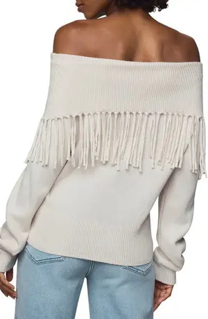 Splendid Simone Fringe Off-the-shoulder Sweater - Pale Oak