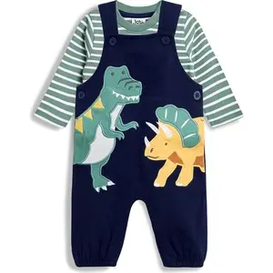 JOJO MAMAN BEBE Stripe T-shirt & Dinosaur Appliqué Overalls Set - Navy