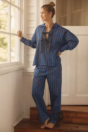 DAMSON MADDER Floki Stripe Cotton Pajama Set - Chocolate/blue