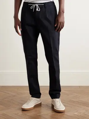 Eleventy Slim-fit Pleated Cotton-blend Twill Trousers - Blue