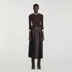Sandro Scarf Print Pleated Midi Skirt - Brown / White