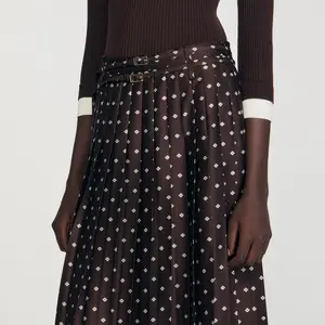 Sandro Scarf Print Pleated Midi Skirt - Brown / White