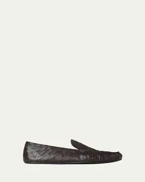 THE ROW Leo Ostrich Leather Slippers - Lacquer Brown