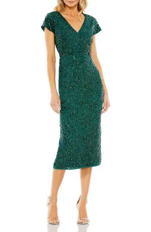 Mac Duggal Sequined Wrap-over Cocktail Dress - Deep Emerald