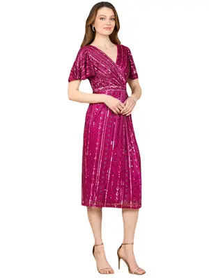 LARA NEW YORK Beaded Flutter-sleeve Midi Dress - Berry