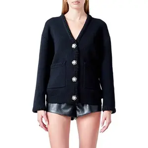 Endless Rose Floral Button V-neck Cardigan - Black