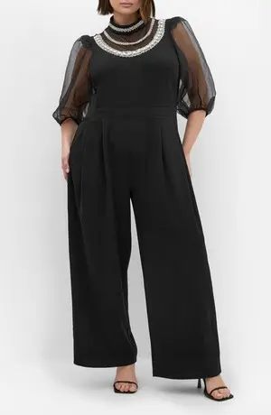 City Chic Embellished Sheer Panel Jumpsuit - Black