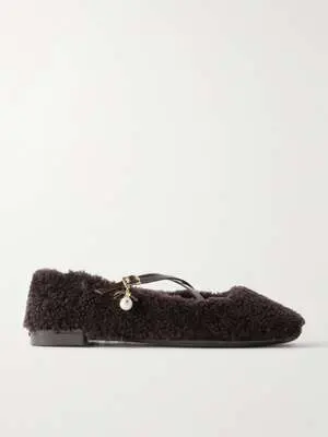 JIMMY CHOO Eleri Embellished Shearling Ballet Flats Chocolate