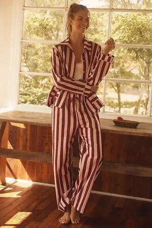 DAMSON MADDER Florie Stripe Cotton Pajama Set - Burgundy/pink