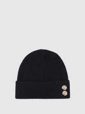 REISS Bianca Merino Wool Blend Beanie - Navy