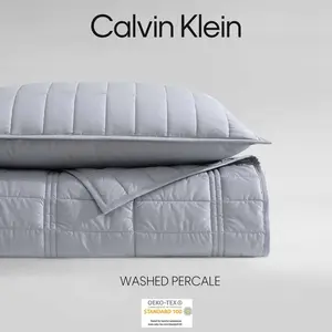 Calvin Klein Washed Percale Solid 3 Piece Quilt Set, Twin - Grey