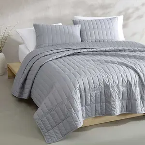 Calvin Klein Washed Percale Solid 3 Piece Quilt Set, Queen Grey
